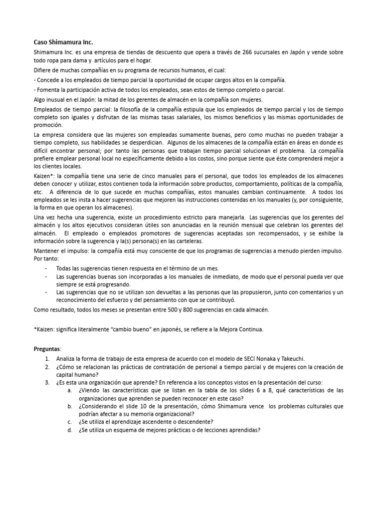 Caso Shimamura Inc - KM Organizaciones Que Aprenden | PDF | Gestión de ...