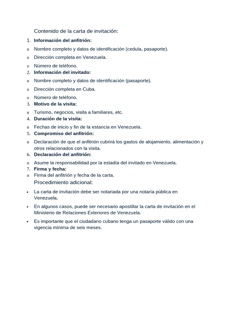 Carta de Invitación para Cubanos a Venezuela | PDF