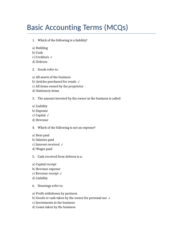 Class 11 MCQs on Basic Accounting Terms | PDF | Debits And Credits ...