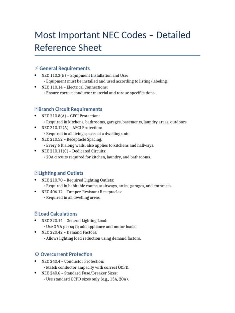 NEC Codes Reference Sheet | PDF