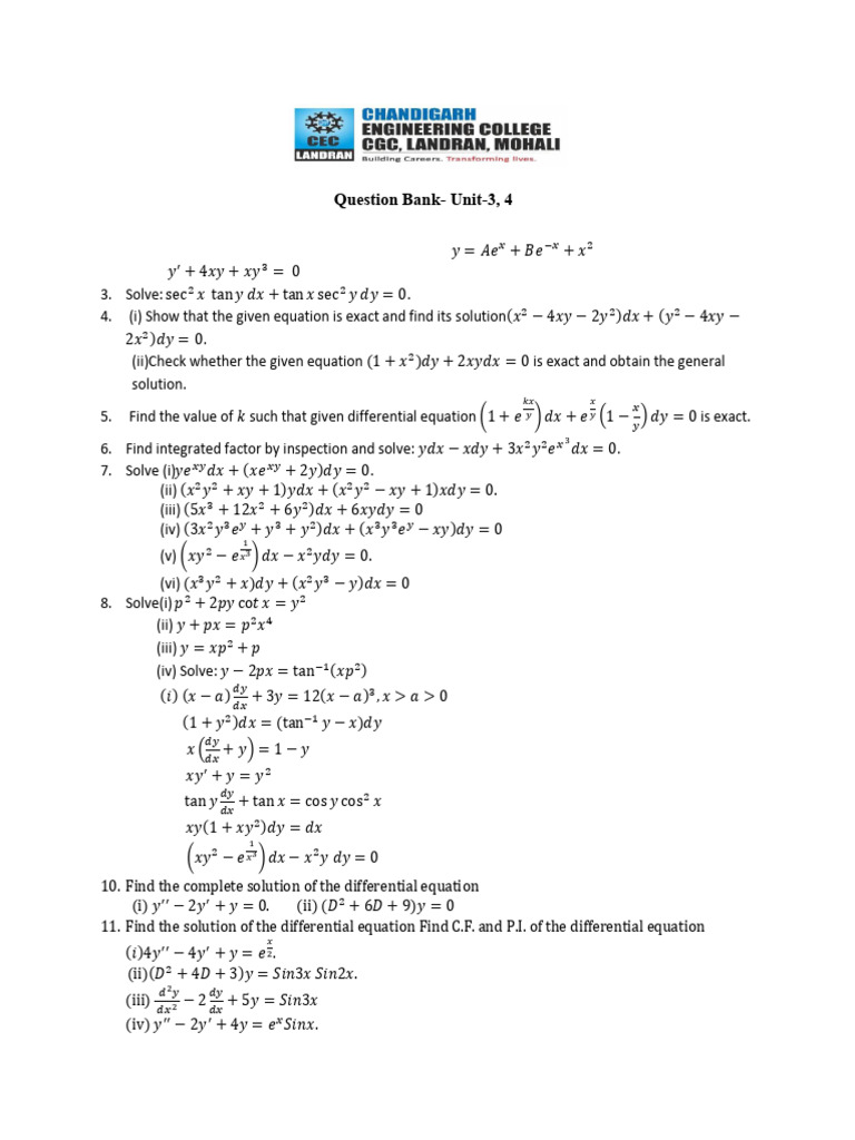 Questiion Bank (Unit-3 & 4) - 1 | PDF | Equations | Partial Differential Equation