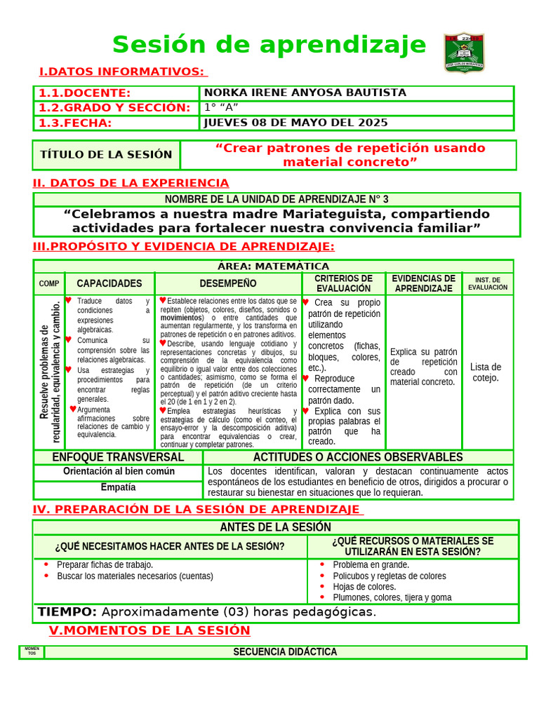 Sesión Creamos y Completamos Siguiendo El Patròn Gràfico | PDF | Aprendizaje | Enseñando