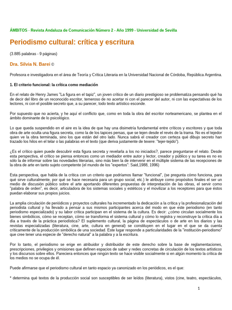 Crítica y Periodismo Cultural en 1999 | PDF | Pensamiento | Experiencia
