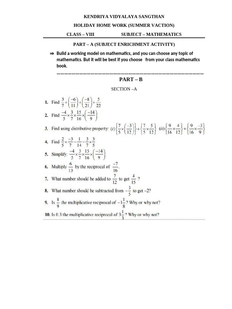 Class 8 Summer Holiday Homework | PDF