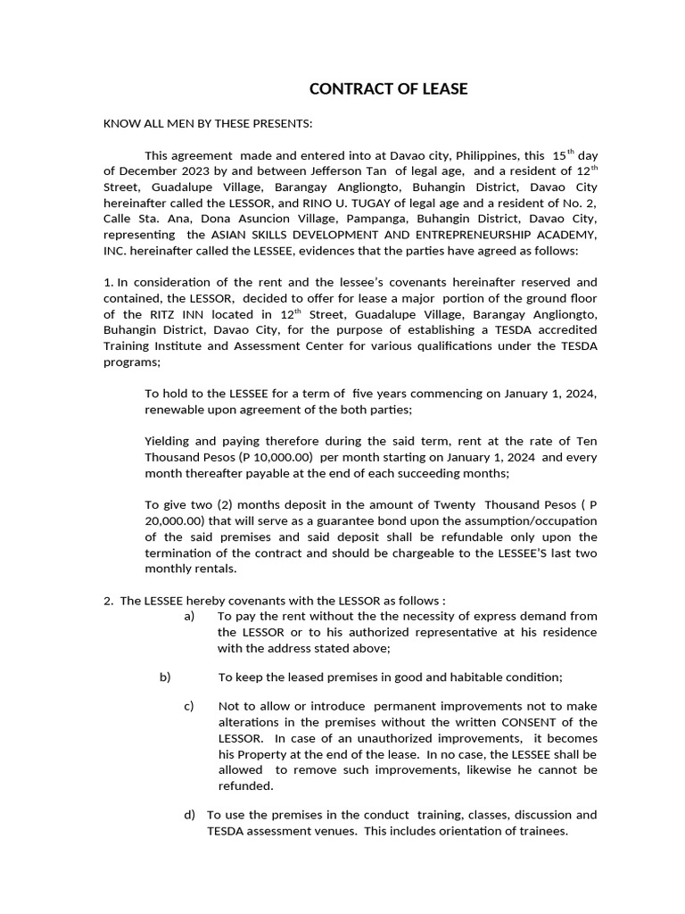 Guadalupe Contract of Lease Per Tesda 2024 | PDF | Lease | Law Of ...
