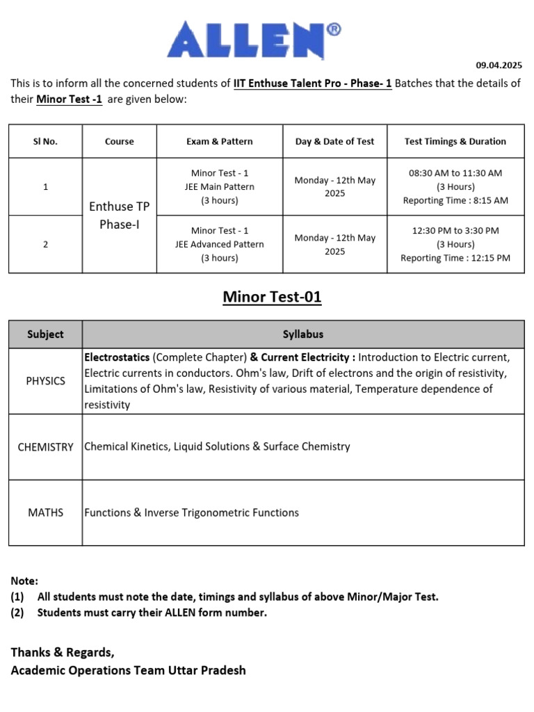 JEE Enthuse TP Phase-1 Minor Test-01 | PDF