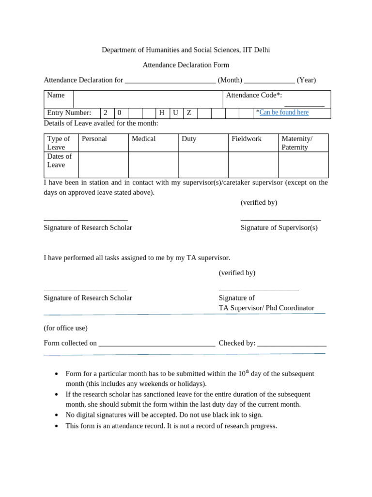 Attendance Declaration Form For HSS Research Scholars - 0 | PDF