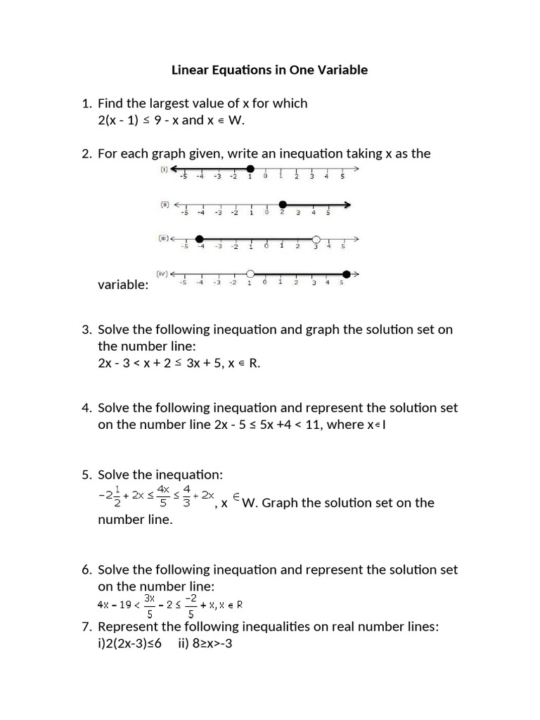 Class 10 Linear Inequations Worksheet | PDF