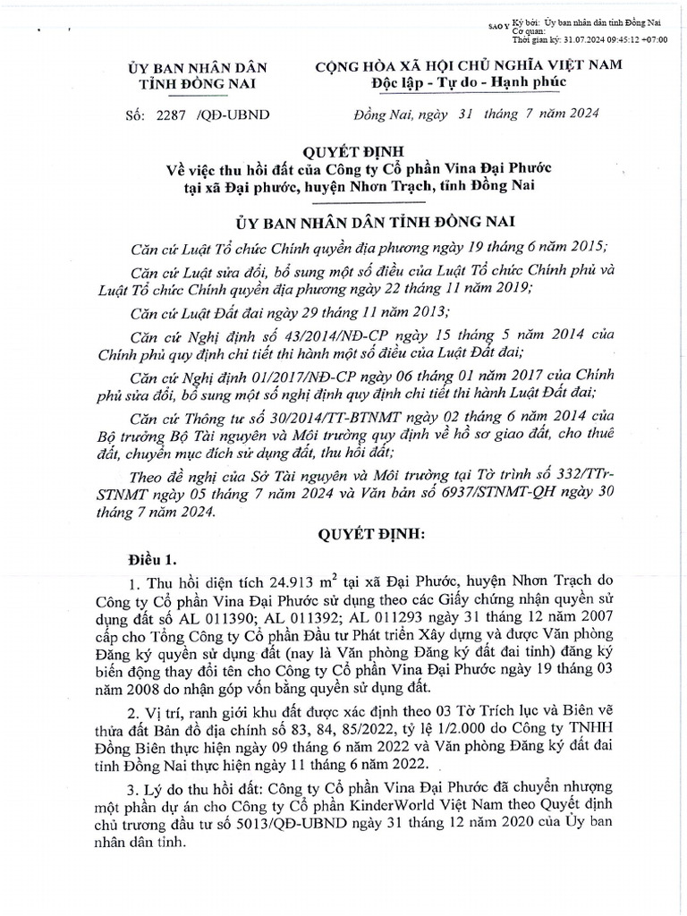 Vina Dai Phuoc Thu Hoi 2024-QD-2287 | PDF