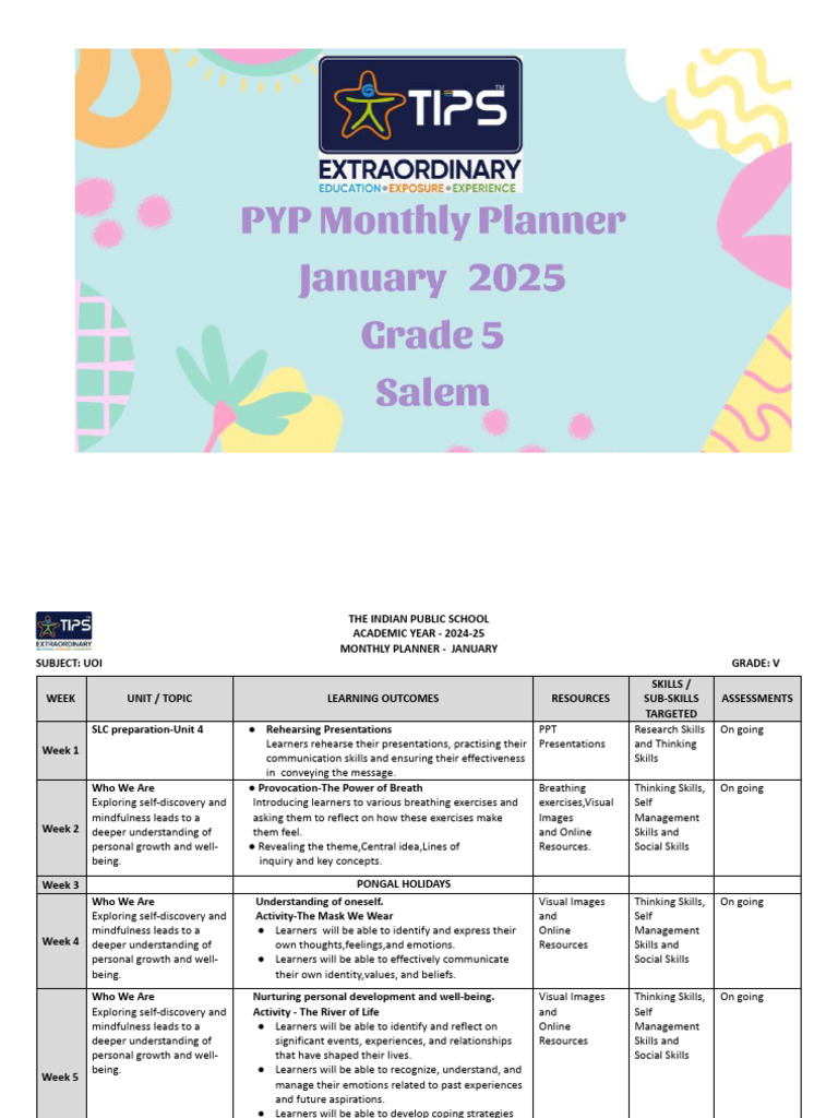 Grade 5 January PYP Monthly Planner - 2024-25 | PDF | English Language ...