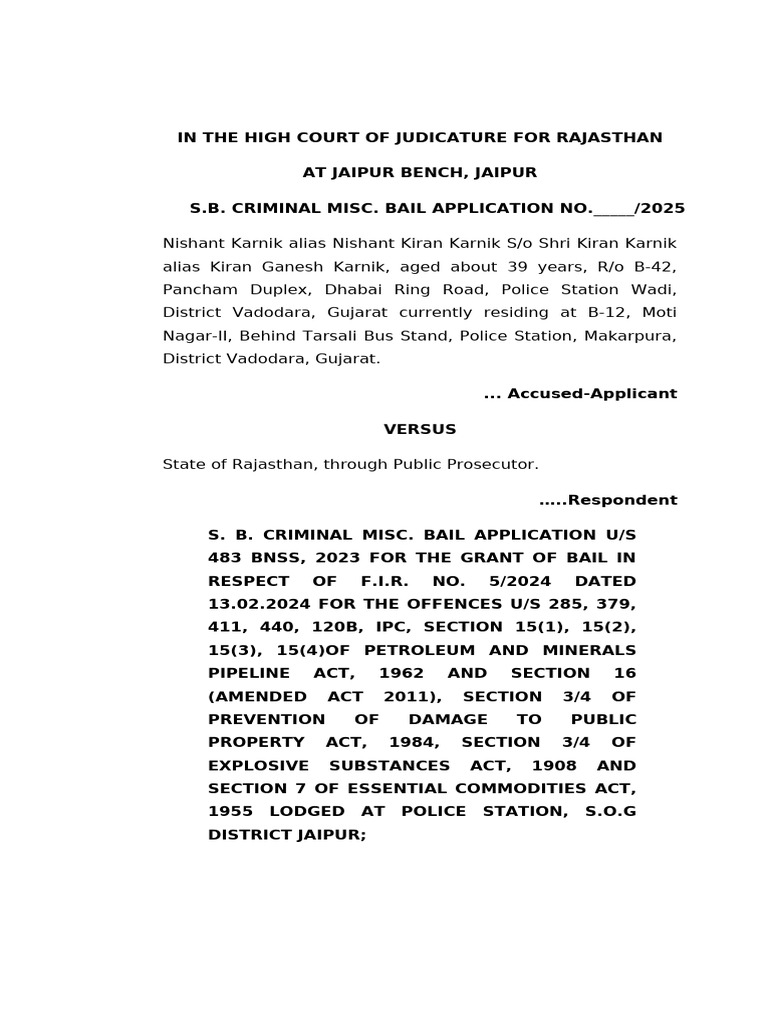 26.2.2025 - Bail Application - Nishant Karnik | PDF | Bail | Crimes