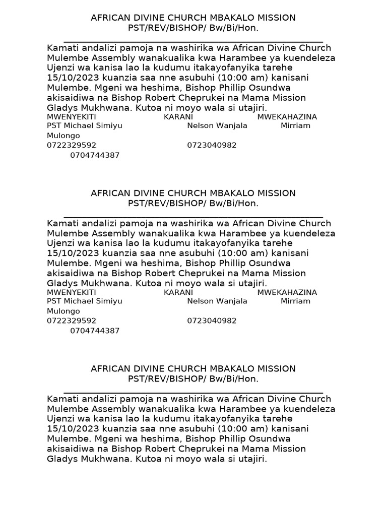 African Divine Church Mbakalo Mission | PDF
