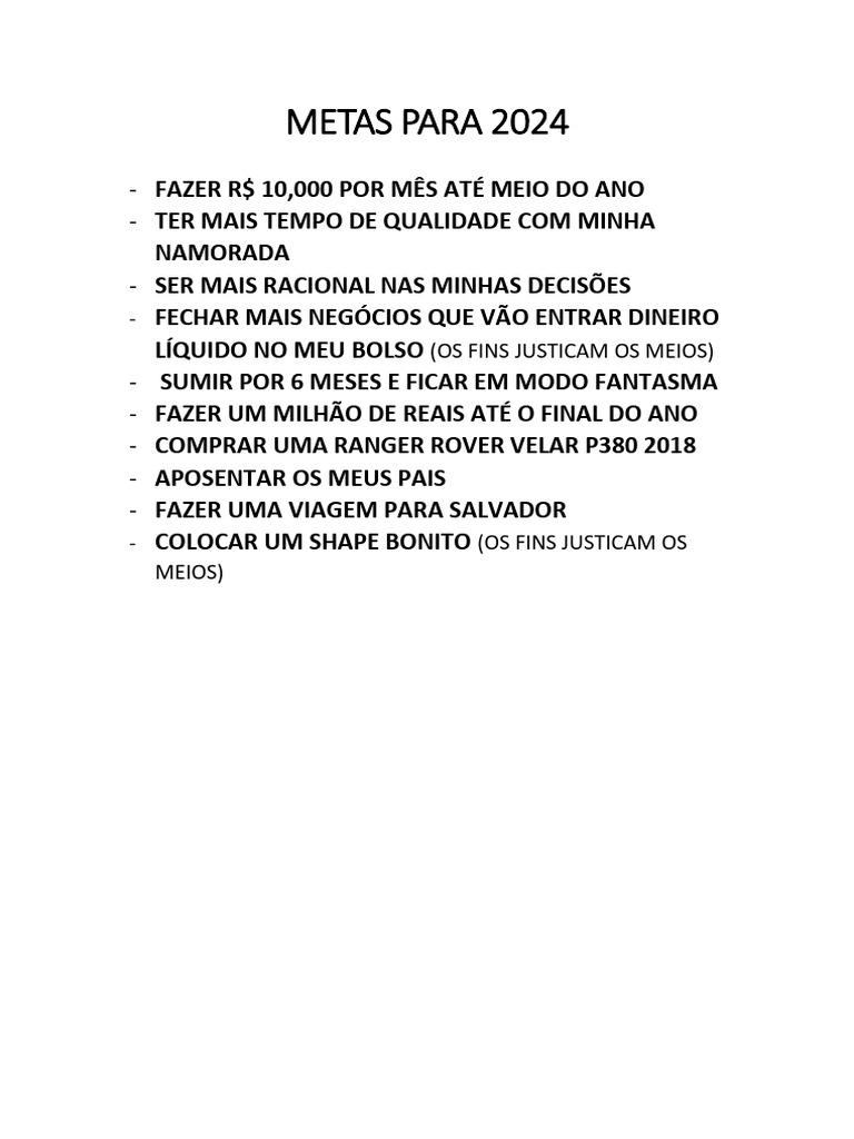 Metas Pessoais e Financeiras para 2024 | PDF