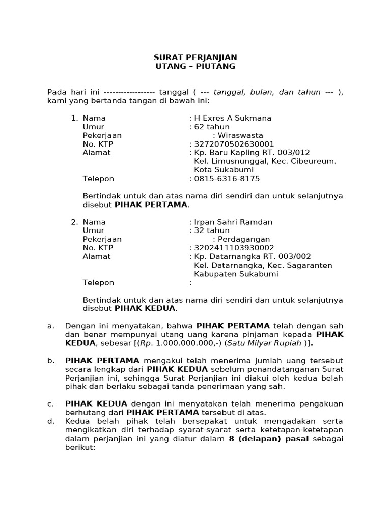 Surat Perjanjian Utang Piutang 1 Miliar | PDF