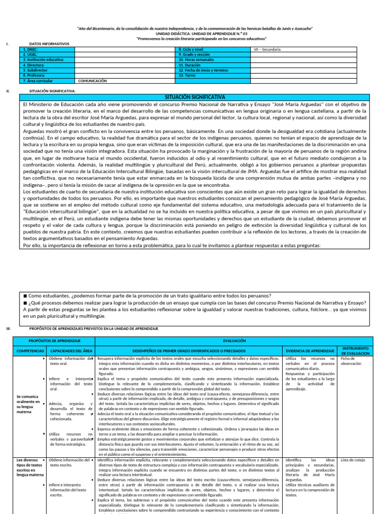 Unidad Arguedas | PDF | Aprendizaje | Ensayos