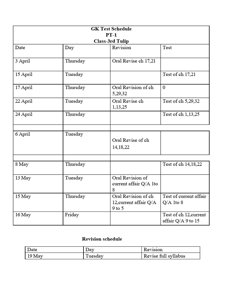GK Test Schedule for 3rd Tulip Class | PDF