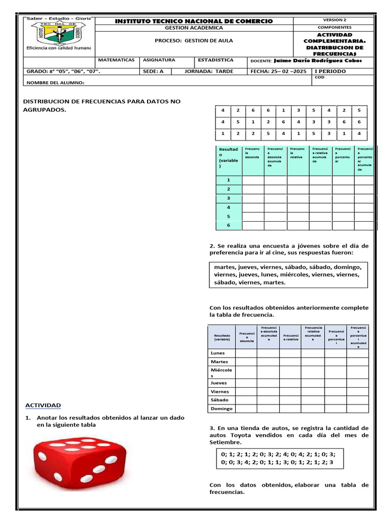 Actividad Complementaria 8°. Distribucion de Frecuencias | PDF ...