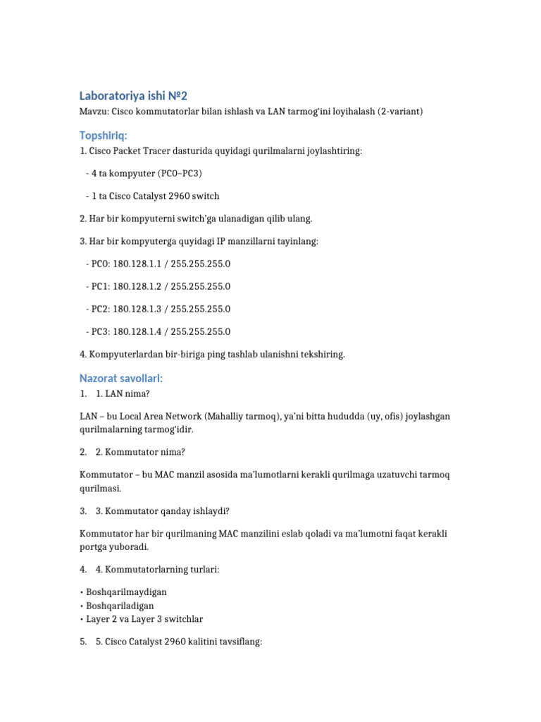 Lab2 Cisco 2-Variant | PDF