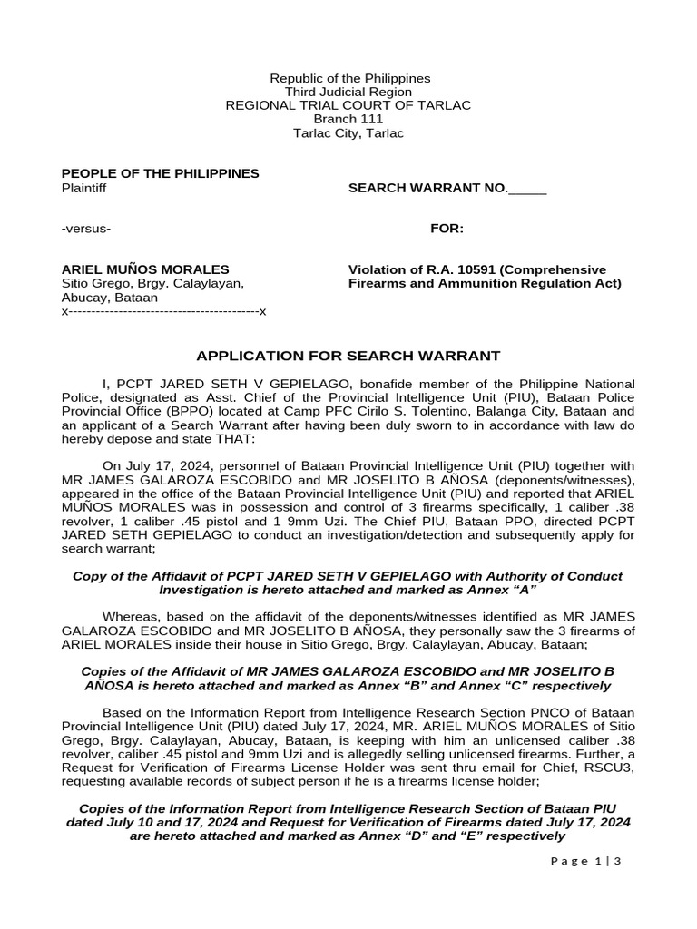Search Warrant Application for Firearms | PDF | Search Warrant | Public Law