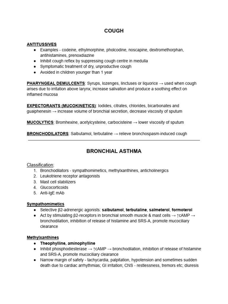 Respiratory System Pharmacology Quick Revision | PDF | Cough | Drugs
