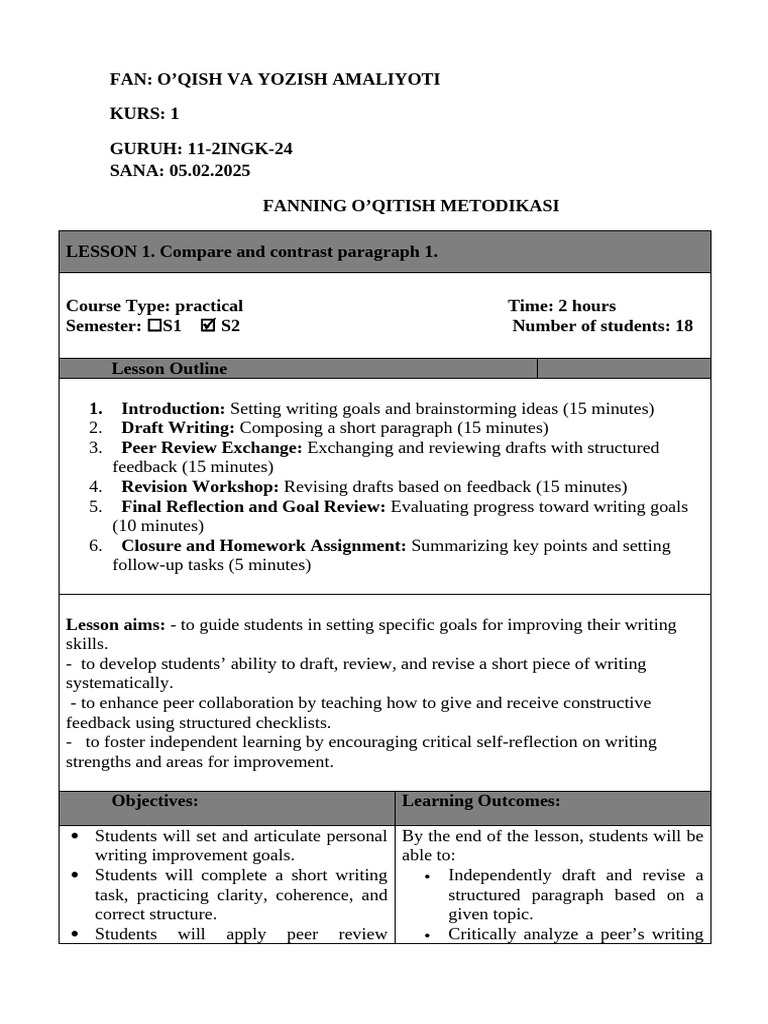 Writing Skills Improvement Lesson Plan | PDF | Peer Review | Brainstorming