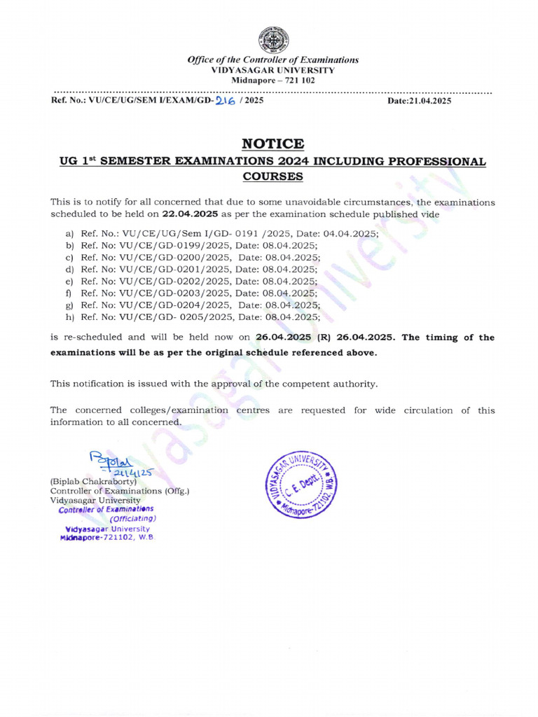 Notice Ug 1ST Sem Exam Reschedule | PDF