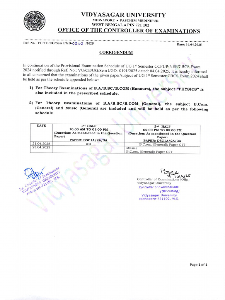 CORRIGENDUM-EXAM-SCHEDULE-UG-NEP-CBCS-1ST-2024 | PDF