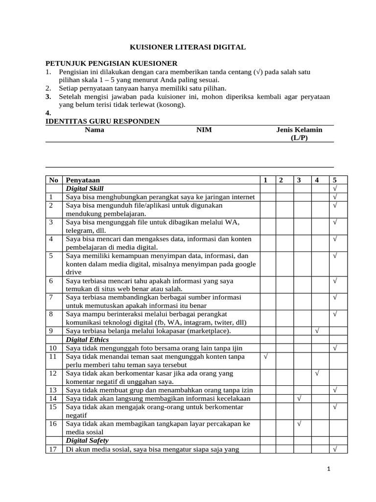 SITTI NUR AIDAH - A1J124018 - Kuisioner Literasi Digital 1 | PDF