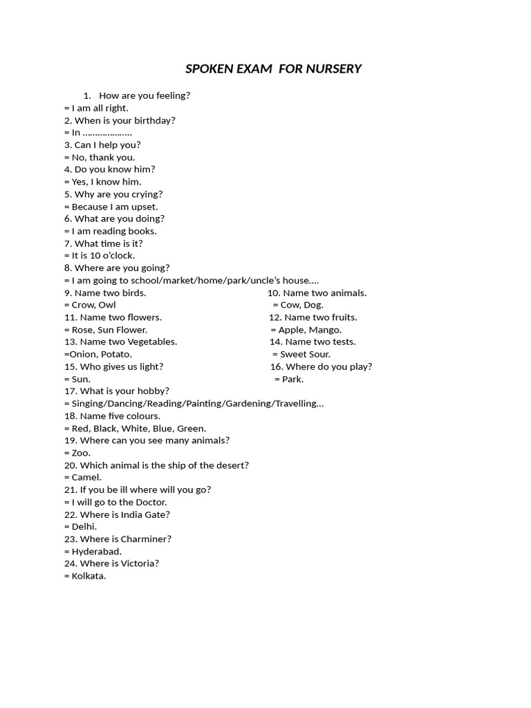 Nursery Spoken Exam Questions | PDF
