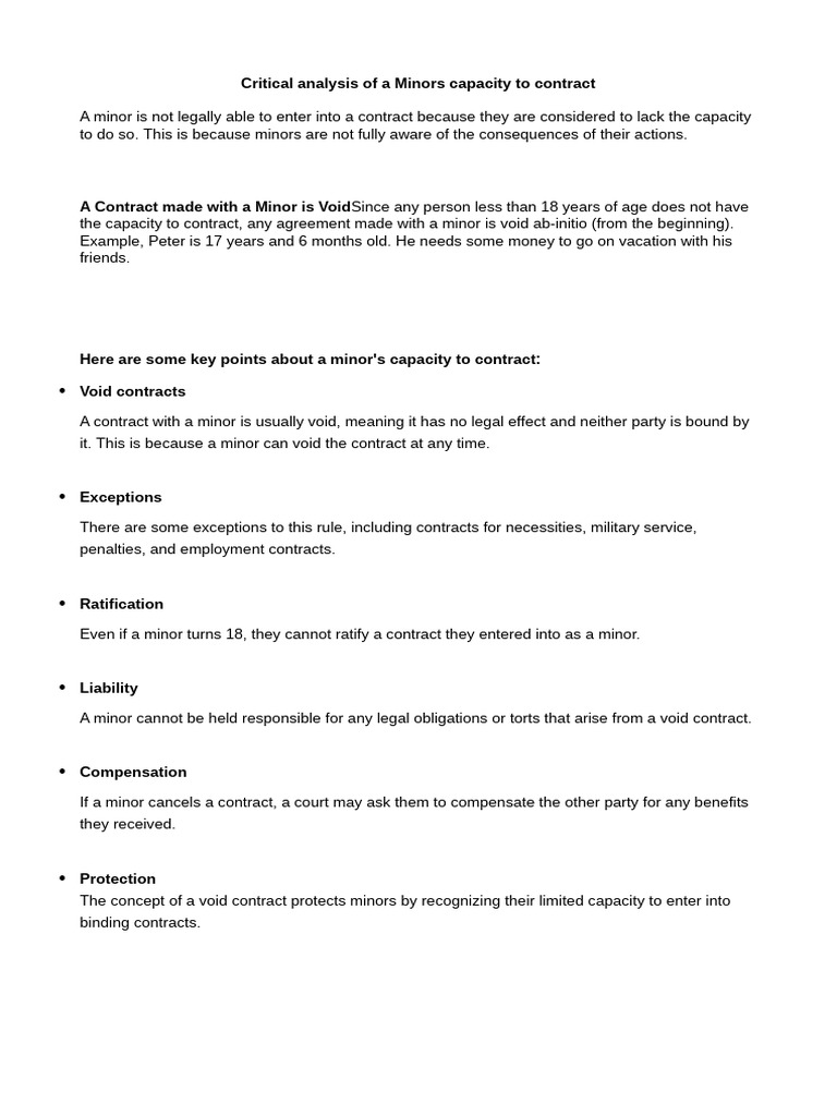 Critical Analysis of A Minors Capacity To Contract | PDF | Legal ...