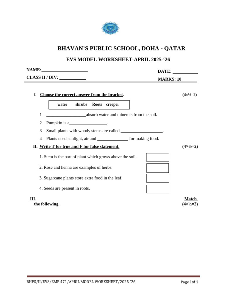 EVS Worksheet for Grade 2 - April 2025 | PDF | Plants | Botany