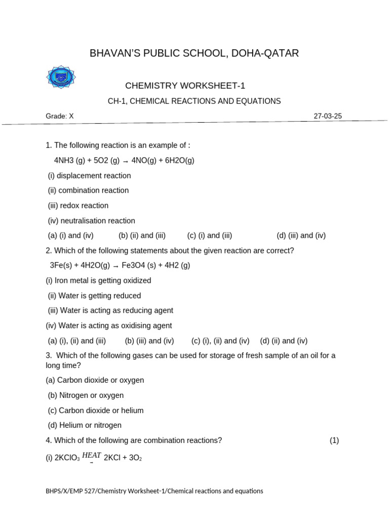 GR-X, Chemistry Worksheet-1, Chemical Reactions and Equations | PDF ...