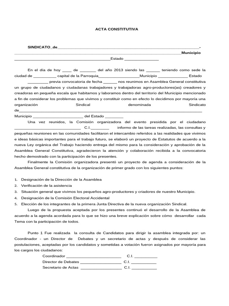 Acta Constitutiva Sindicato FCBV | PDF | Votación | Gobierno