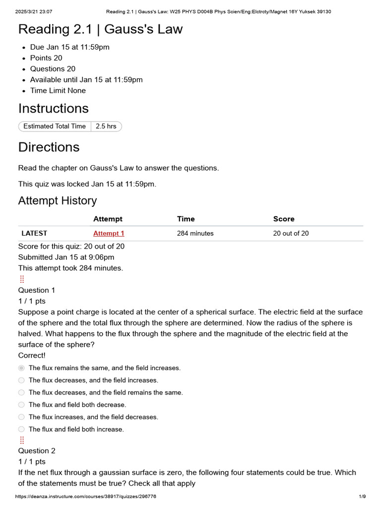 Reading 2.1 - Gauss's Law - W25 PHYS D004B Phys Scien - Eng - Elctrcty ...