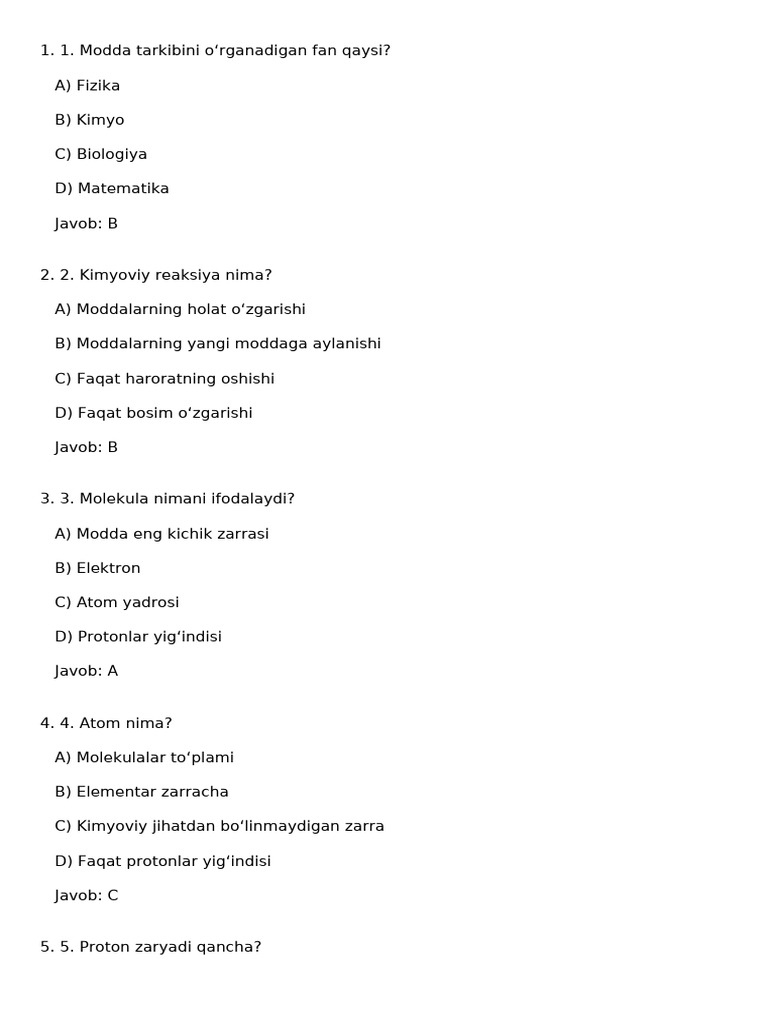 7sinf Kimyo Testlar | PDF