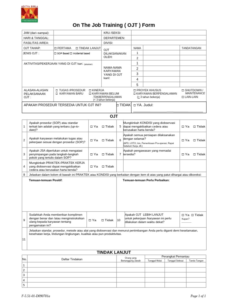 On The Job Training Form | PDF