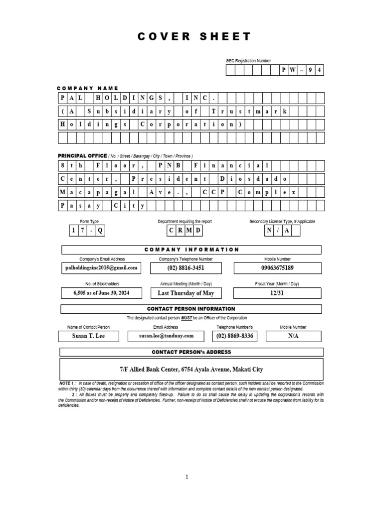 PAL-Holdings-Inc._17Q_June-2024 | PDF | Equity (Finance) | Expense