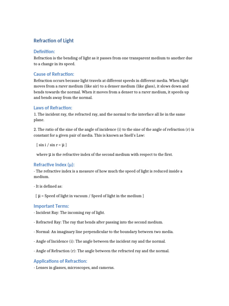 Refraction - of - Light Class Thenth CBSE | PDF