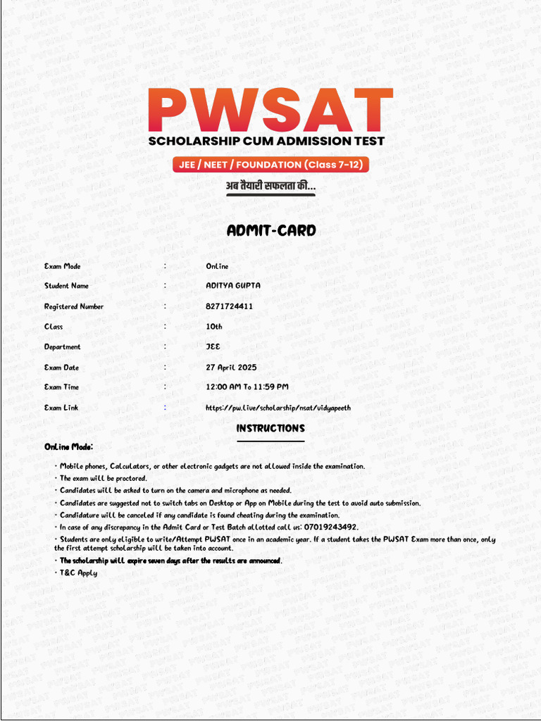 Vidyapeeth PWSAT ADITYA Admit Card - 10th27April20251200AMto1159PM | PDF