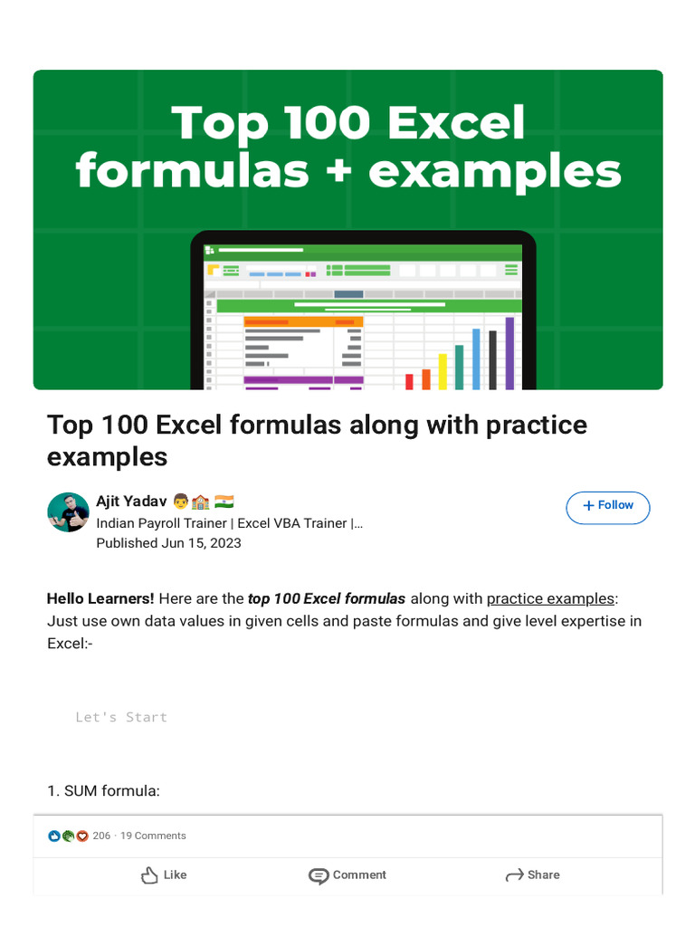 Top 100 Excel Formulas Along With Practice Examples | PDF | Net Present ...