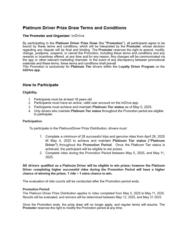 T&C For Platinum Driver Prize Draw Egypt (Updated May 2025) - EnG | PDF ...