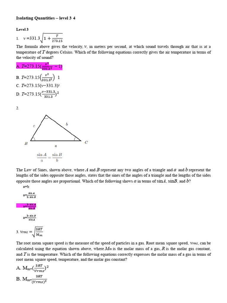 Isolating Quantities - Level 3-4 | PDF | Gases | Root Mean Square