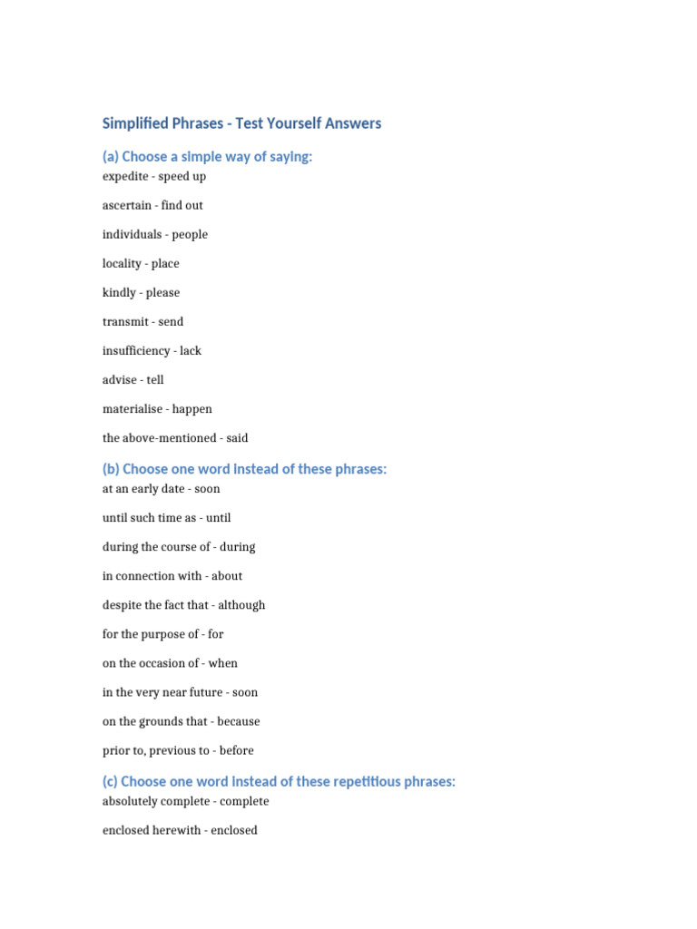 Simplified Phrases Test Answers | PDF