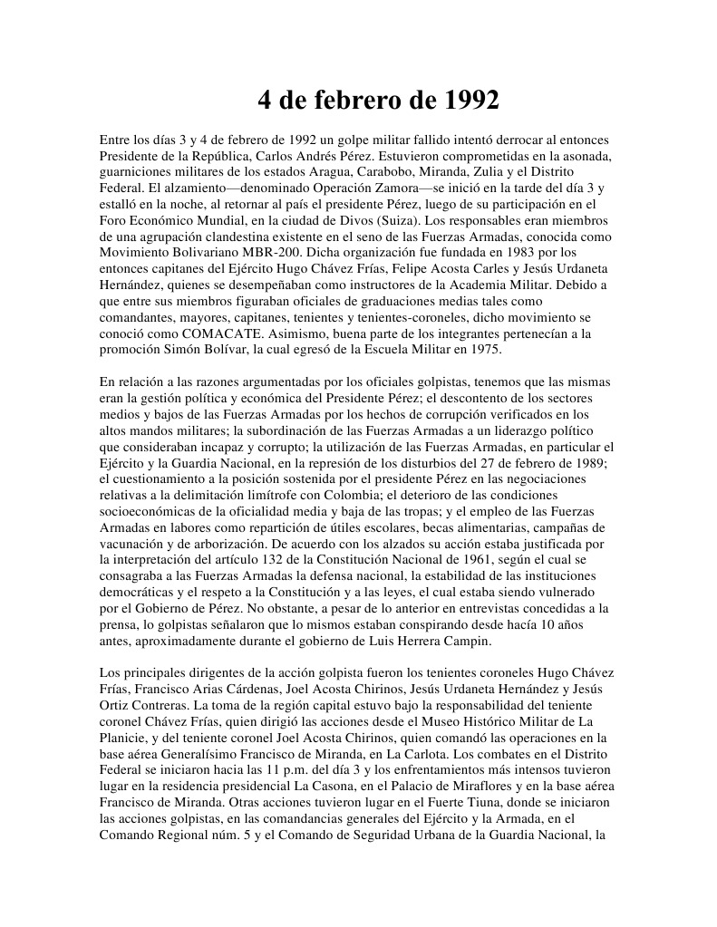 Golpe de Estado en Venezuela 1992: Operación Zamora | PDF | Hugo Chavez ...