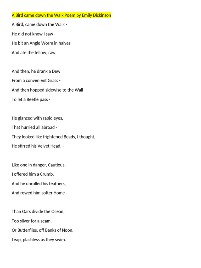 A Bird came down the Walk Poem by Emily Dickinson | PDF | Predation | Birds