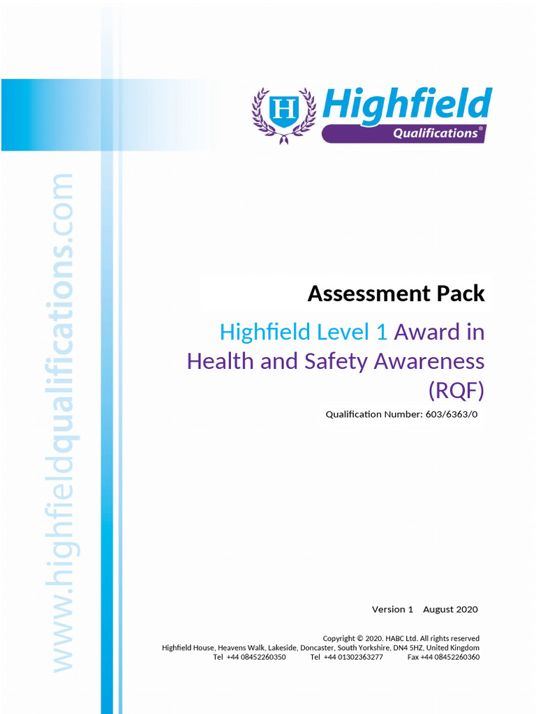 (26082020 1456) Highfield Level 1 Award Health and Safety Awareness (RQF) Assessment Pack v1 ...
