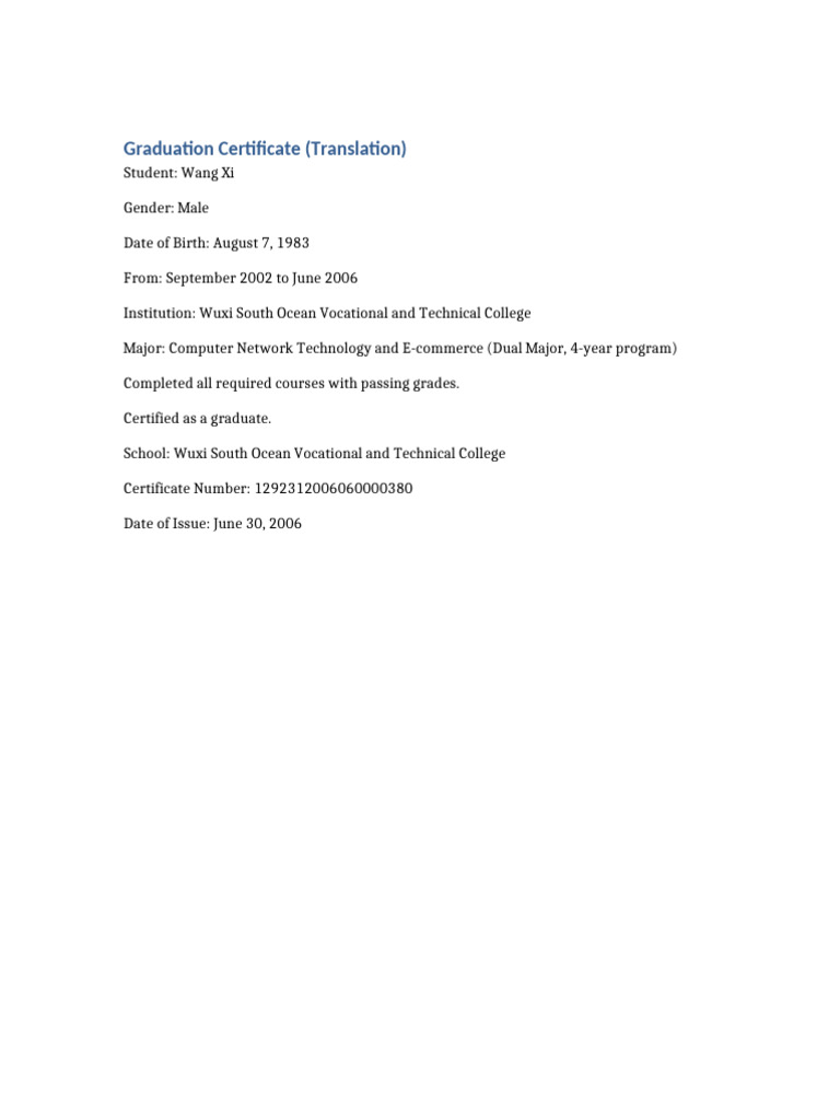 Graduation Certificate Translation | PDF