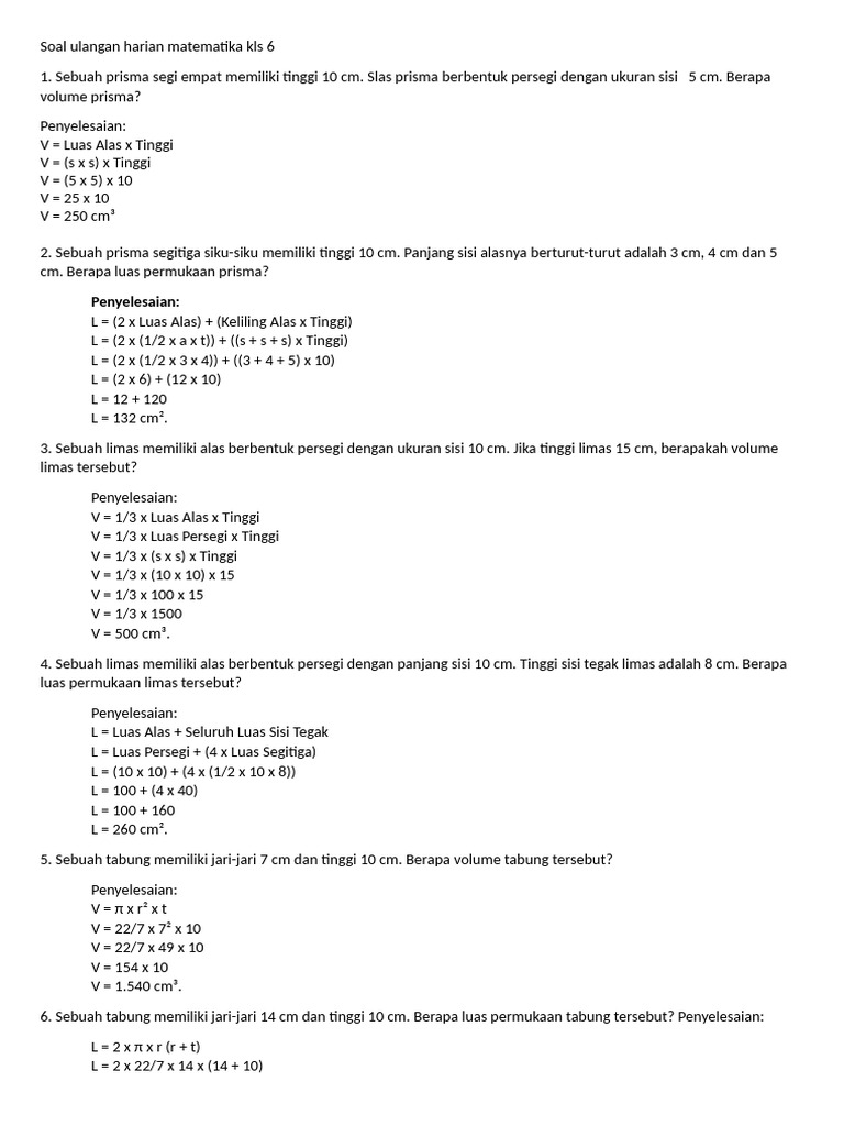 Soal Ulangan Harian Matematika Kls 6 | PDF