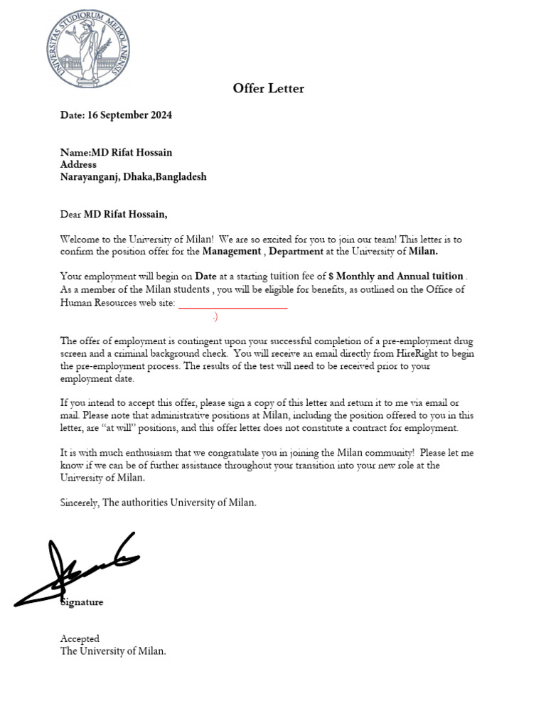University of Milan Offer Letter | PDF