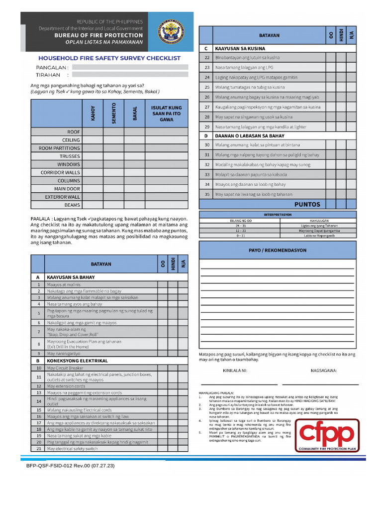 FSID 12F Household Fire Safety Survey Checklist Rev.00 | PDF